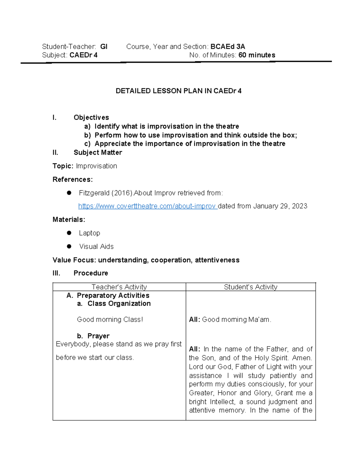 LP - English lectures - Student-Teacher: Gl Course, Year and Section ...