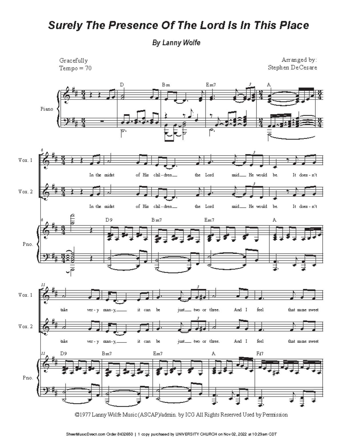 Surely the Presence of the Lord Is In This Place Sheet Music - & ? 4 3 ...