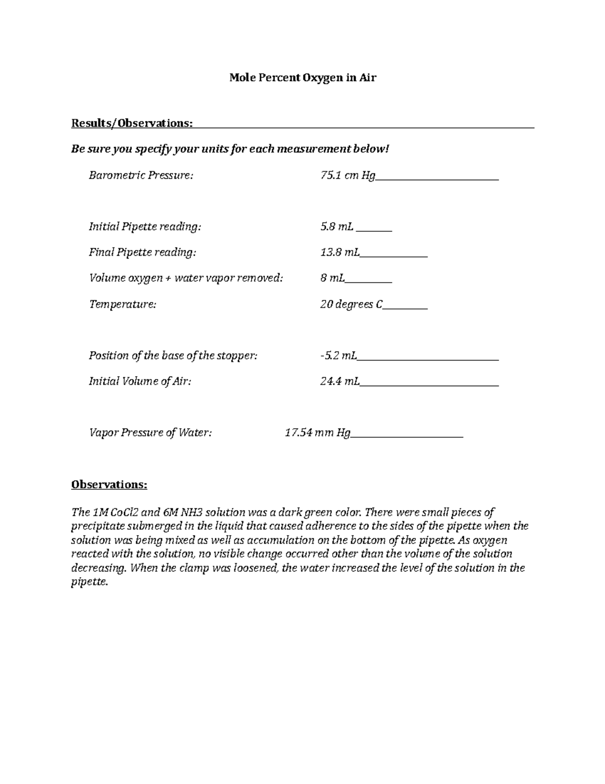 Percent Oxygen Lab - Results/Observations: Be sure you specify your ...