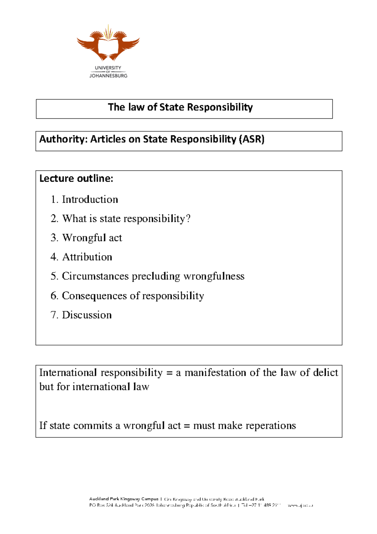 State Responsibility Notes - The law of State Responsibility Authority ...