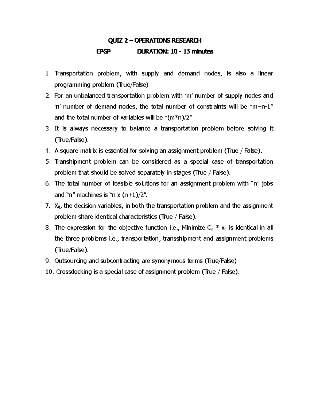 Quiz 2 Transportation - case study - QUIZ 2 – OPERATIONS RESEARCH EPGP ...