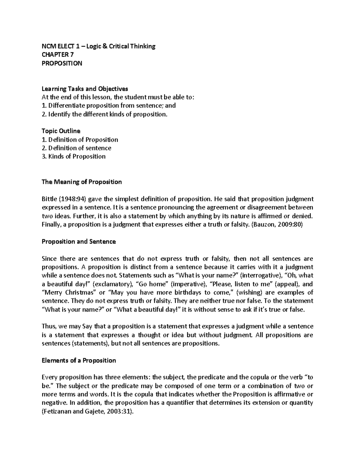 C7-proposition - Jdidhgei in - NCM ELECT 1 – Logic & Critical Thinking CHAPTER 7 PROPOSITION ...