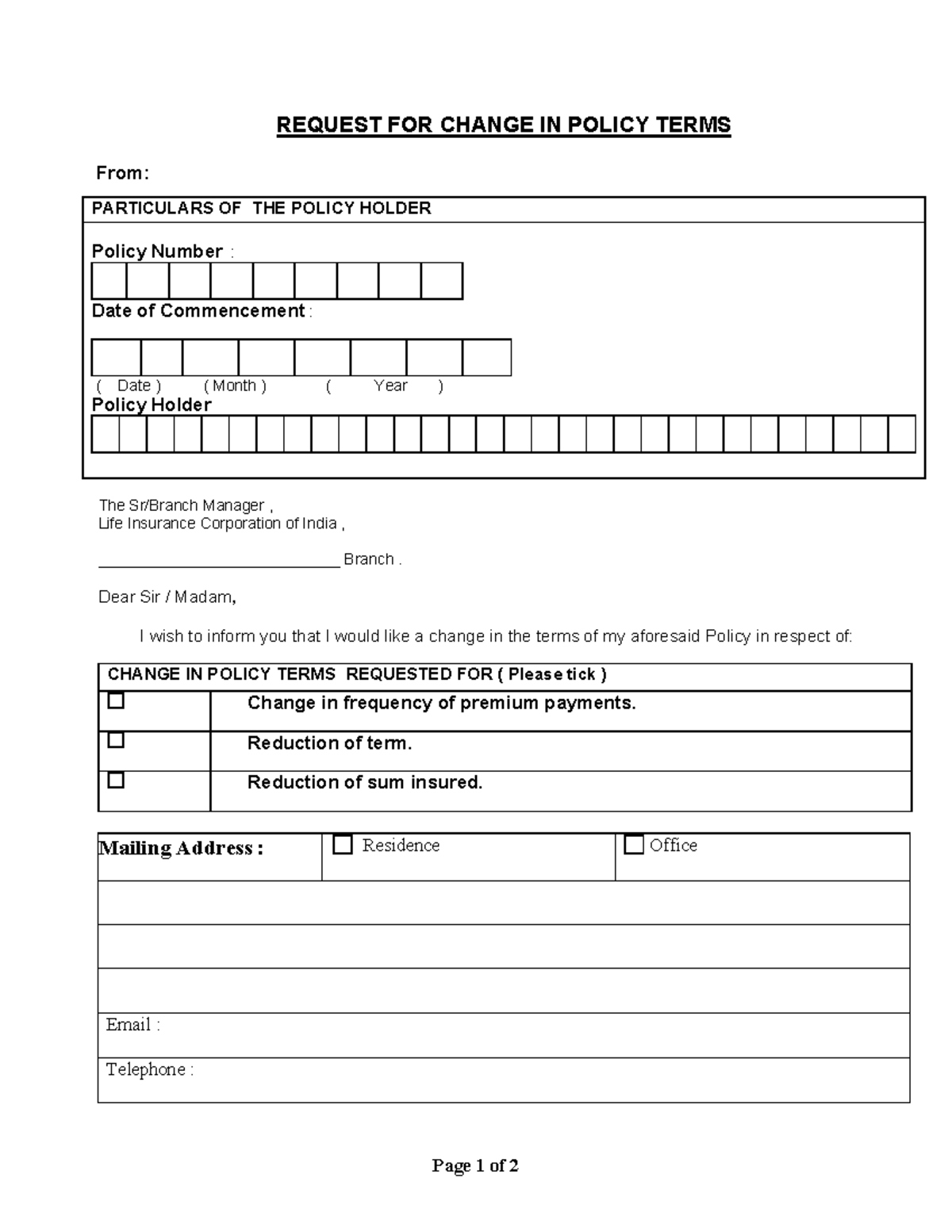Change in policy terms request english - Page 1 of 2 REQUEST FOR CHANGE ...