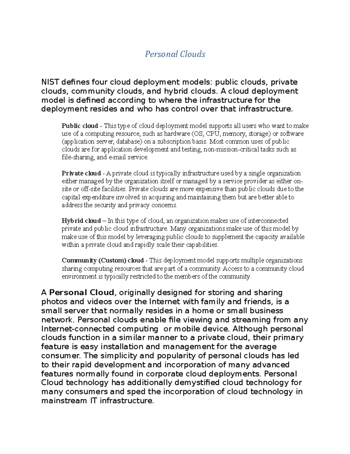 CNET212 Lab 3a Personal Cloud - Personal Clouds NIST defines four cloud ...
