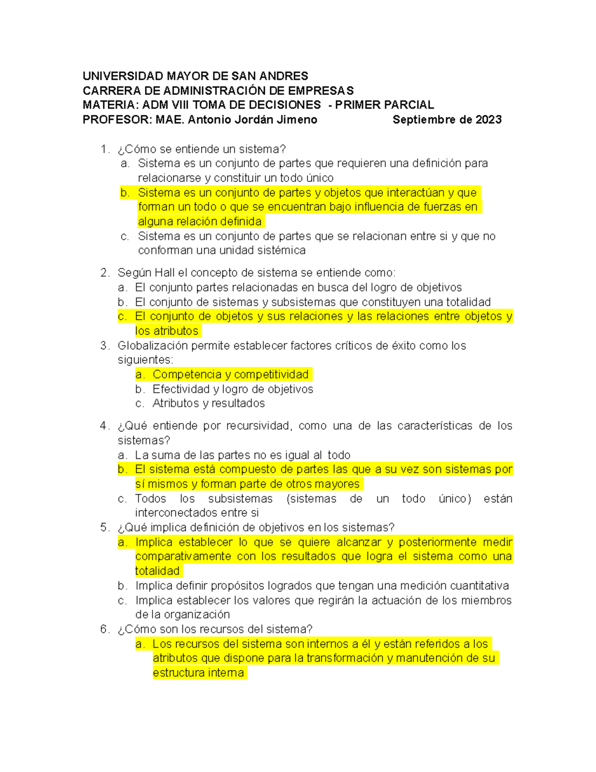 Primer Parcial ADM VIII preguntas 2-2023 - UNIVERSIDAD MAYOR DE SAN ANDRES CARRERA DE ...
