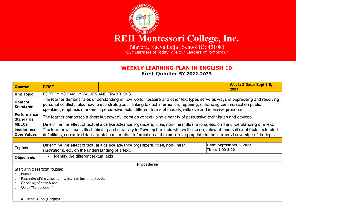 Weekly PLAN English 10 WEEK 2 DAY 1&2 - REH Montessori College, Inc ...