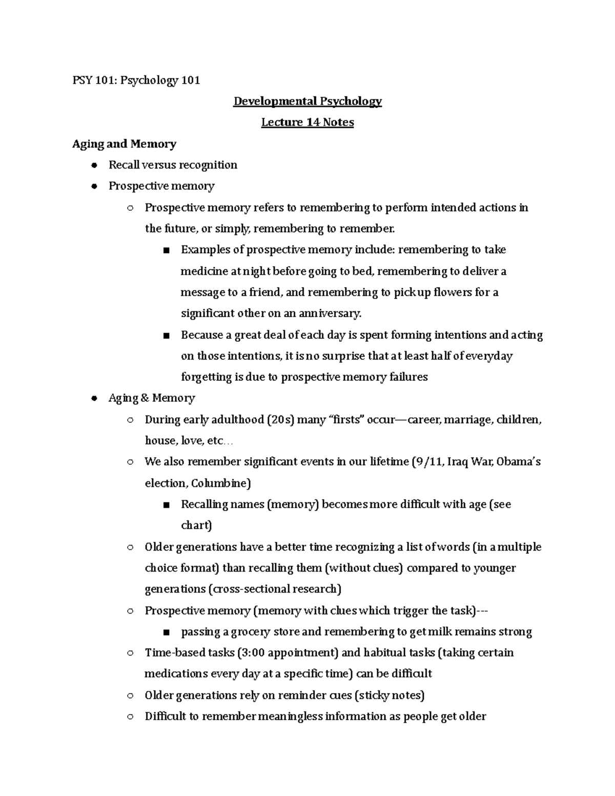 PSY 101 Developmental Psychology Unit Notes Lecture 14 - Spring 2020 ...