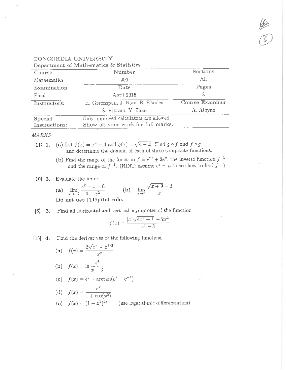 Exam April 2015, questions - CONCORDIA UNIVERSITY Department of ...