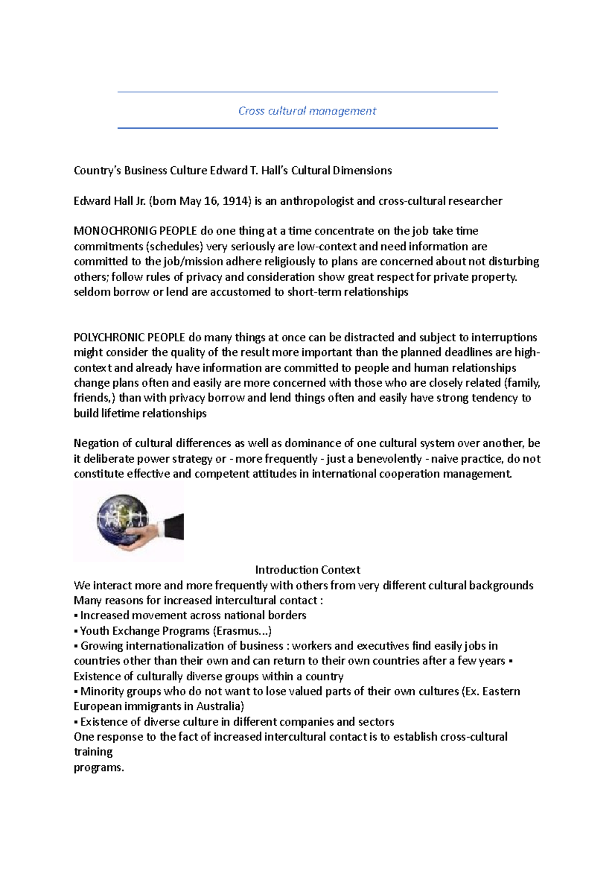 Cross cultural management - Cross cultural management Country's ...