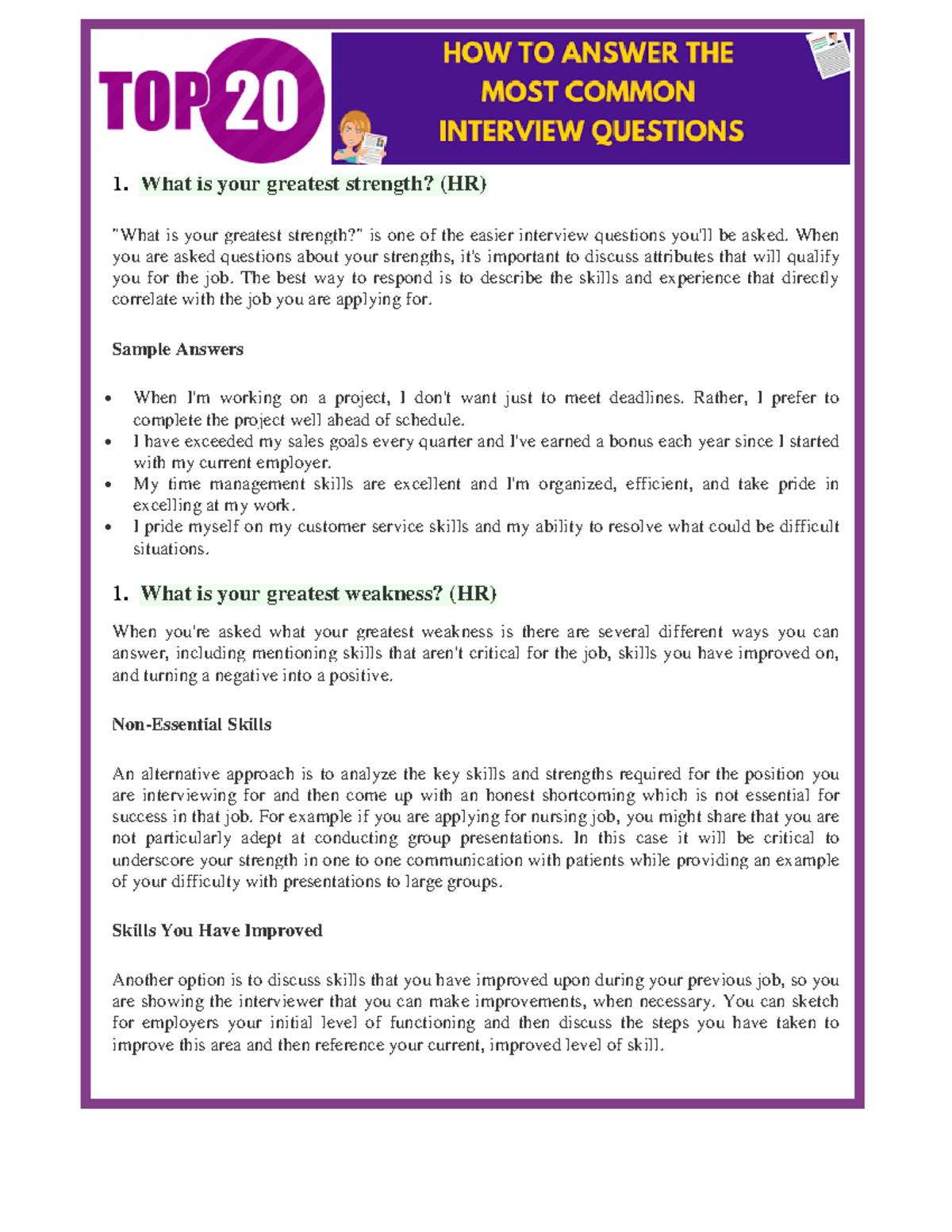 Interview - Good - TOP 20 INTERVIEW QUESTIONS 1. What is your greatest ...