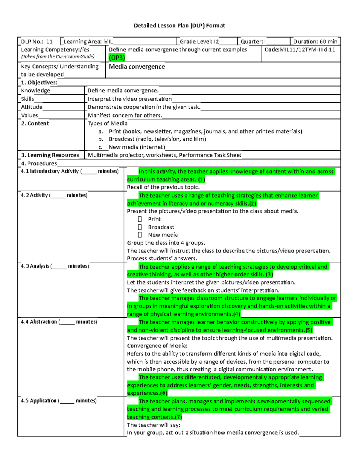MILQ1 LC11 - MIL - Detailed Lesson Plan (DLP) Format DLP No.: 11 ...