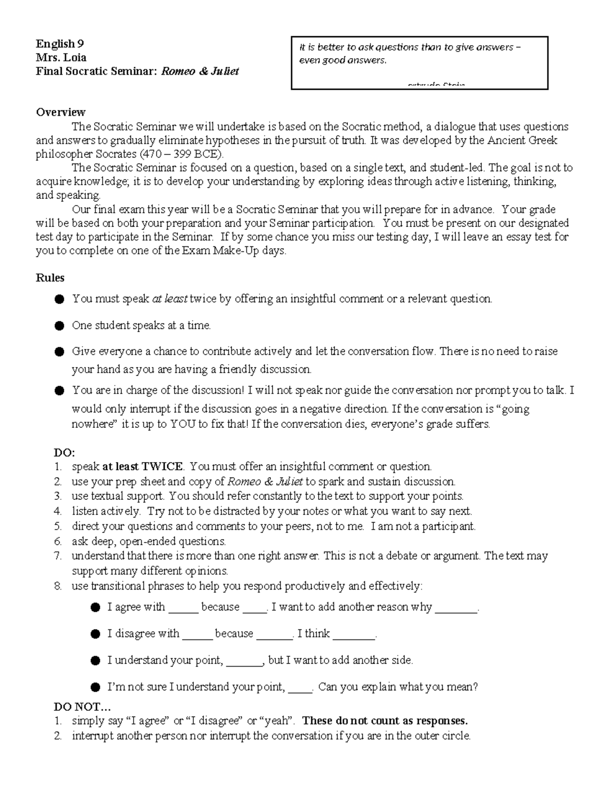 RJ Socratic Seminar Loia - English 9 Mrs. Loia Final Socratic Seminar ...