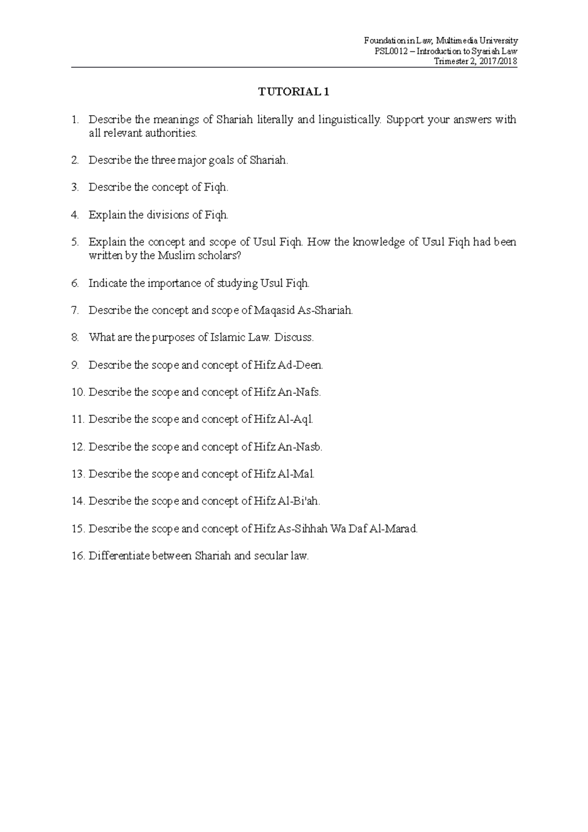178187 Tutorial 1 PSL0012 Intro to Syariah Law Tri 2 2017-2018 ...