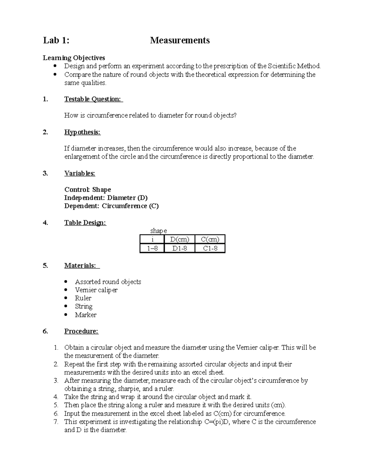 Phy111l - Lab 1 - Lab 1: Measurements Learning Objectives Design and ...