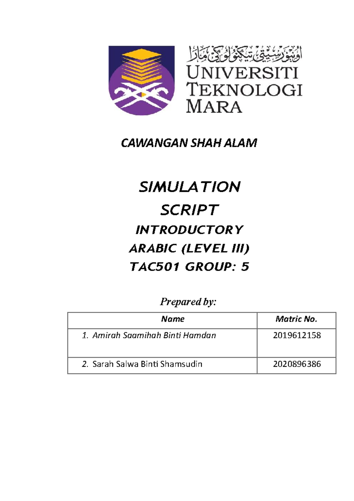Skrip roleplay tac501 - CAWANGAN SHAH ALAM SIMULATION SCRIPT INTRODUCTORY ARABIC (LEVEL III ...