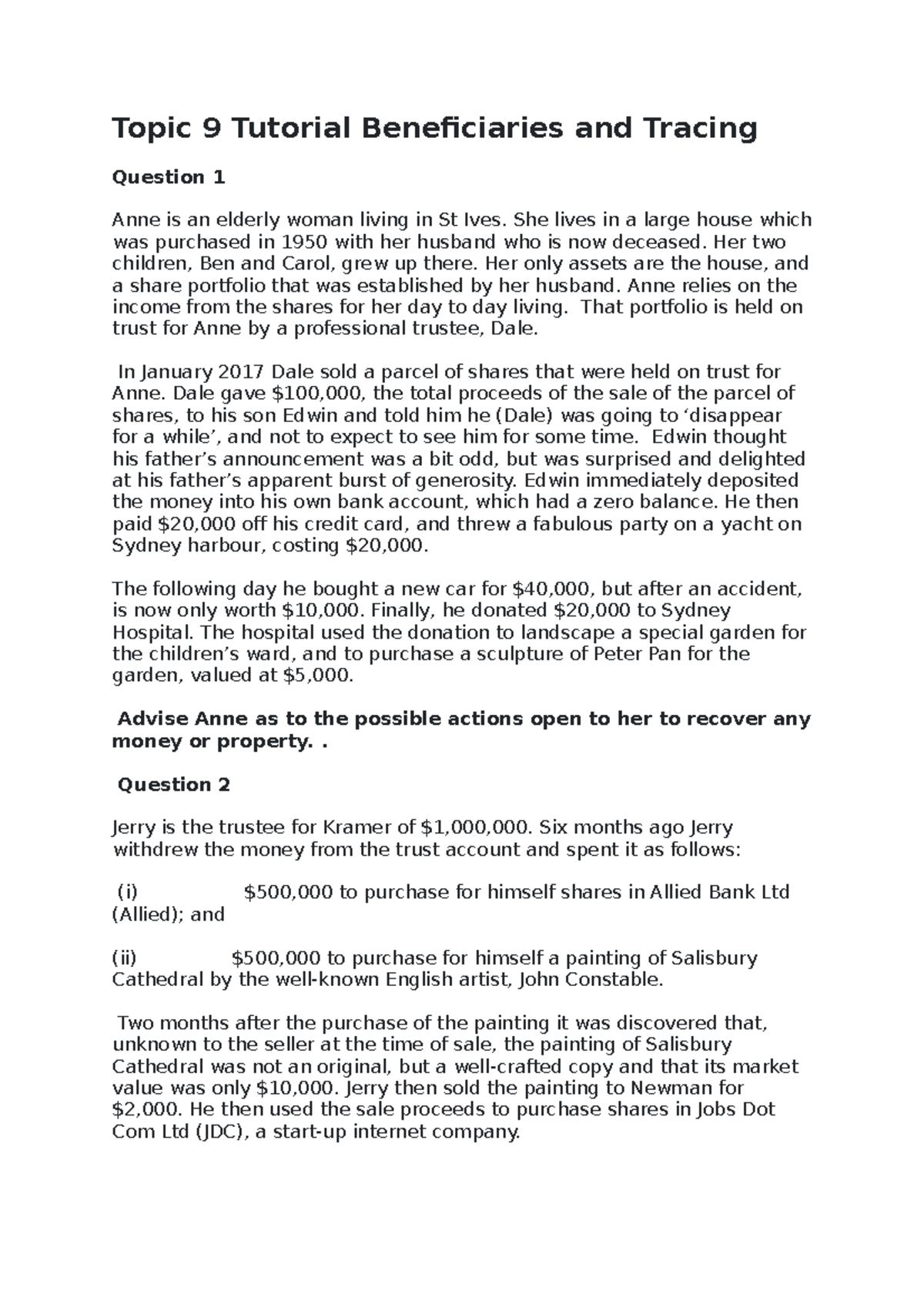 Topic 9 Tutorial Beneficiaries and Tracing - Topic 9 Tutorial Beneficiaries and Tracing Question ...