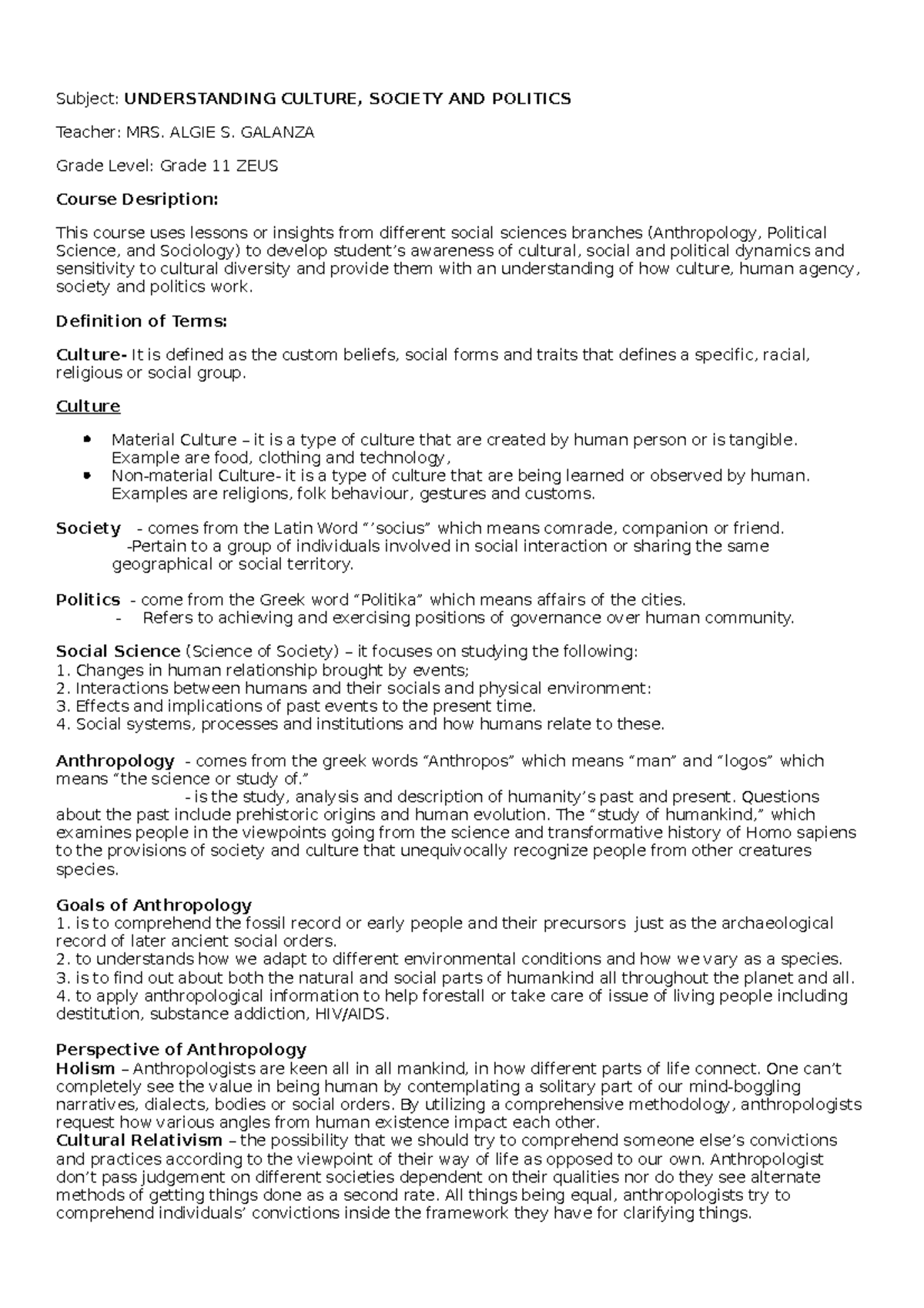 Introduction Definition of terms - Subject: UNDERSTANDING CULTURE ...