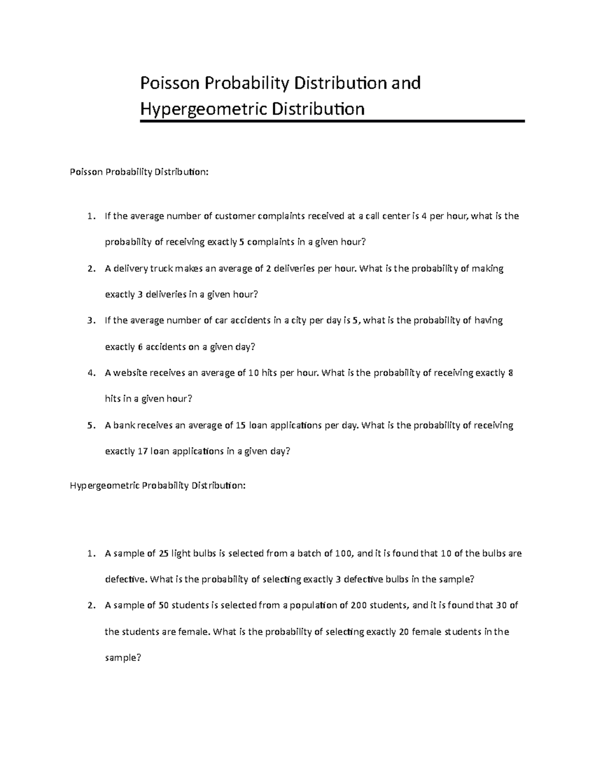 Poisson Probability Distribution and Hypergeometric Distribution ...