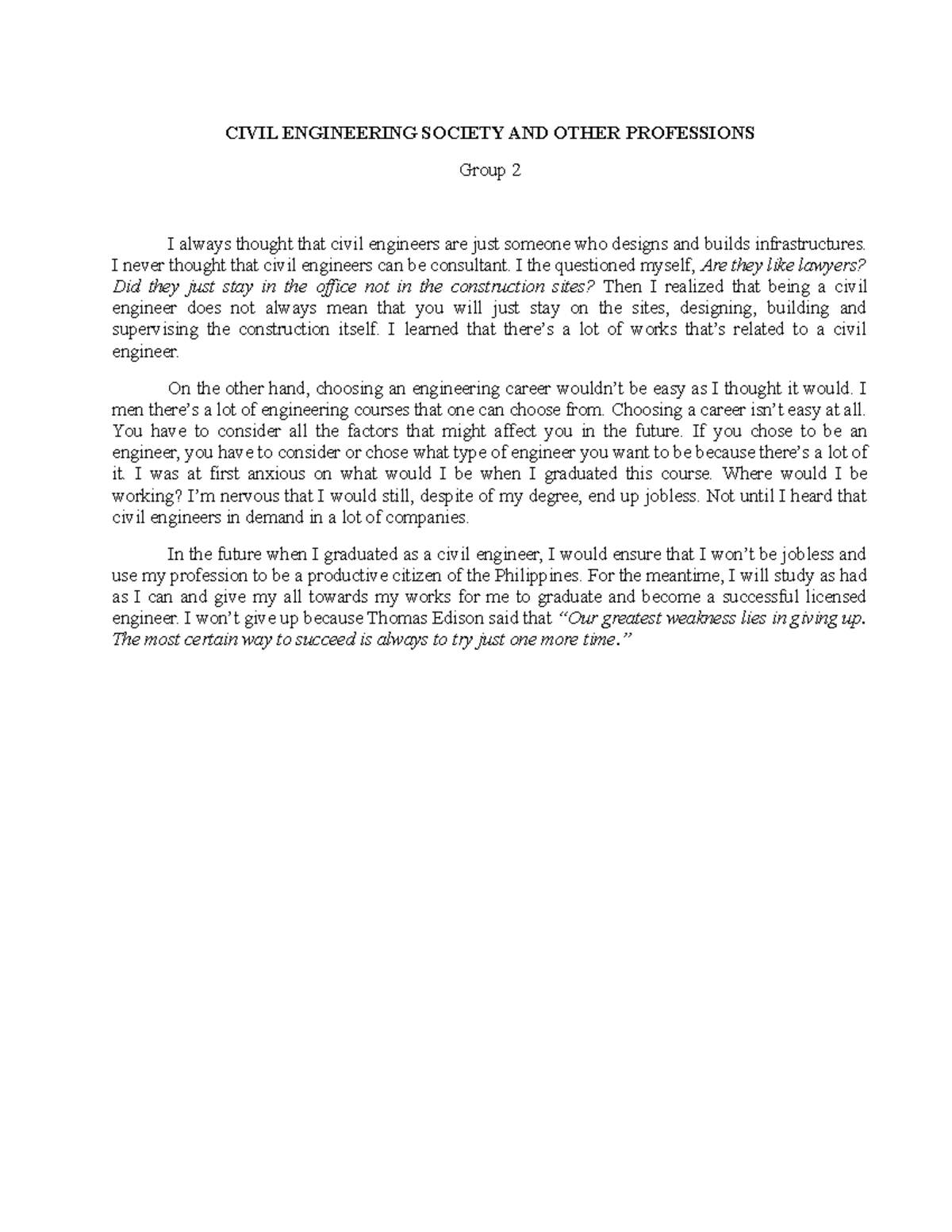 Civil Engineering and Other Professions - CIVIL ENGINEERING SOCIETY AND ...