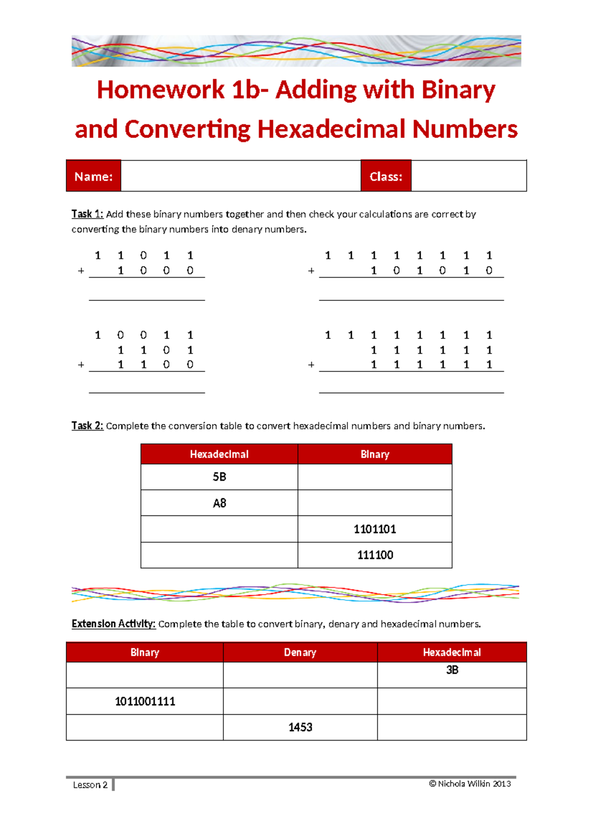 Data Lesson 1b Homework - Homework 1b- Adding with Binary and Converting Hexadecimal Numbers ...