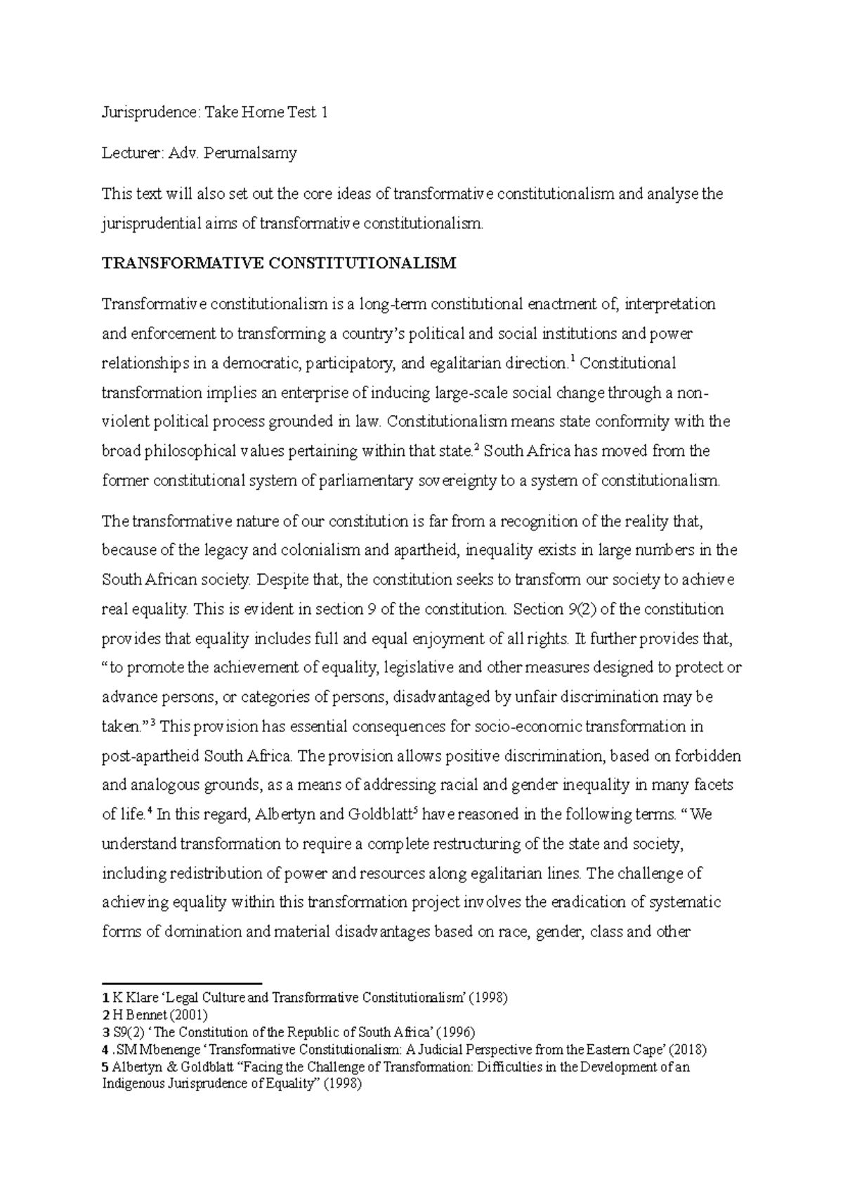 Juris Take Home Test 1 - Transformative Constitutionalism ...
