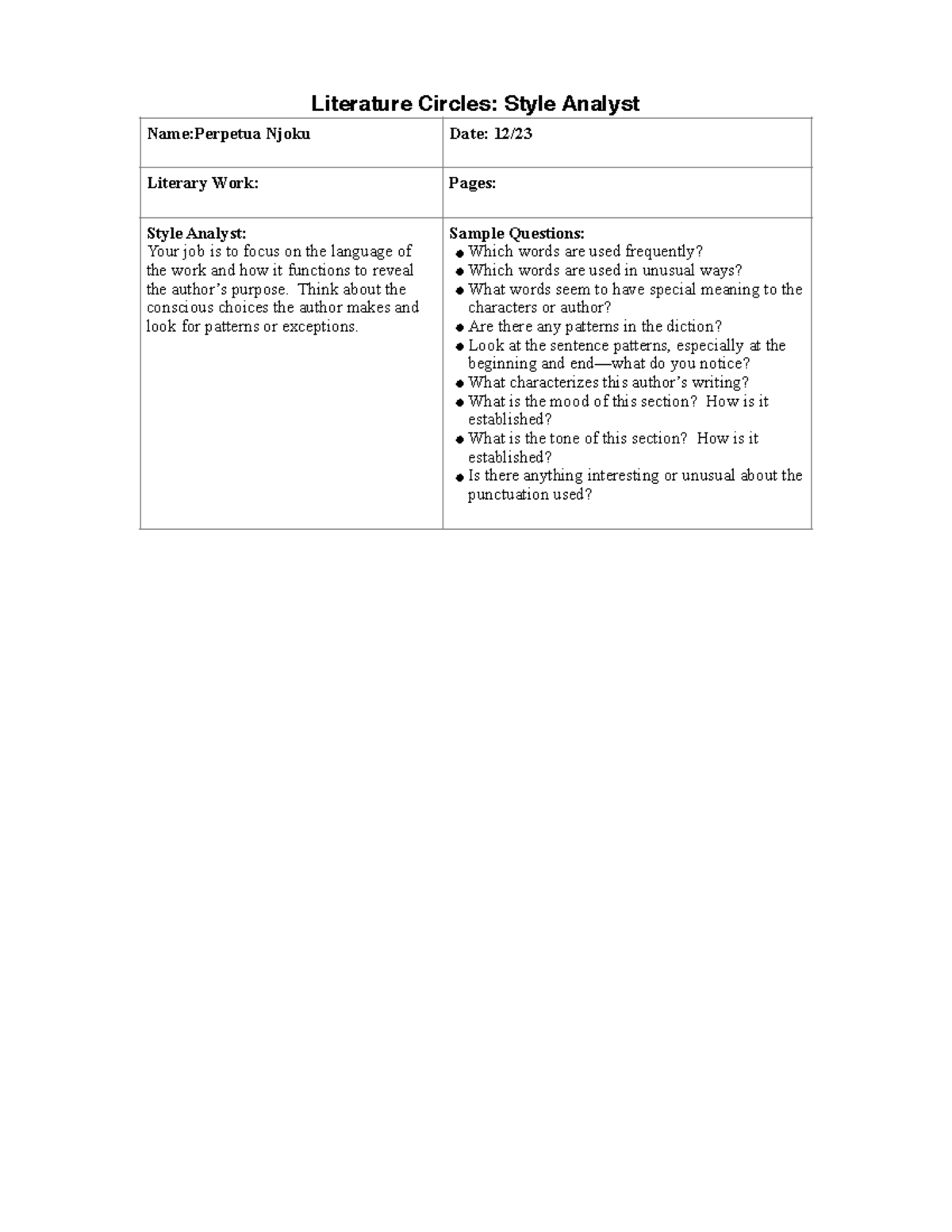Literature+Circle+Role+Sheets All+Roles - Literature Circles: Style ...