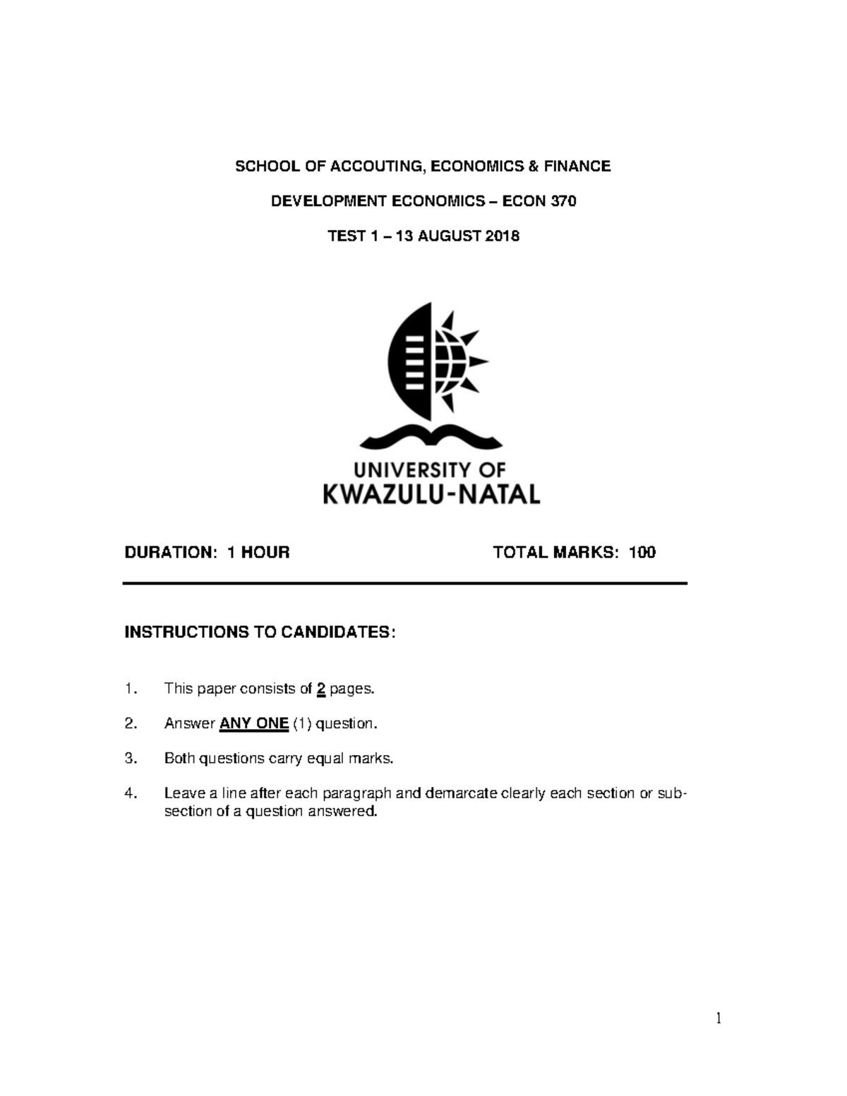TEST November 2018, questions - 1 SCHOOL OF ACCOUTING, ECONOMICS ...