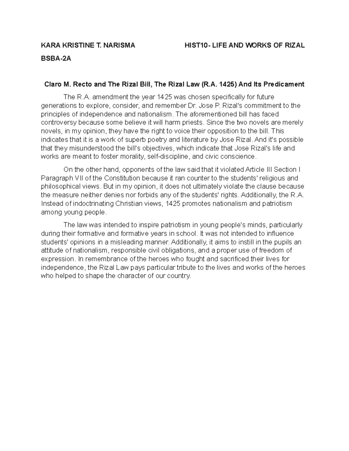 Claro M. Recto and the Rizal Bill The Rizal Law R - KARA KRISTINE T ...