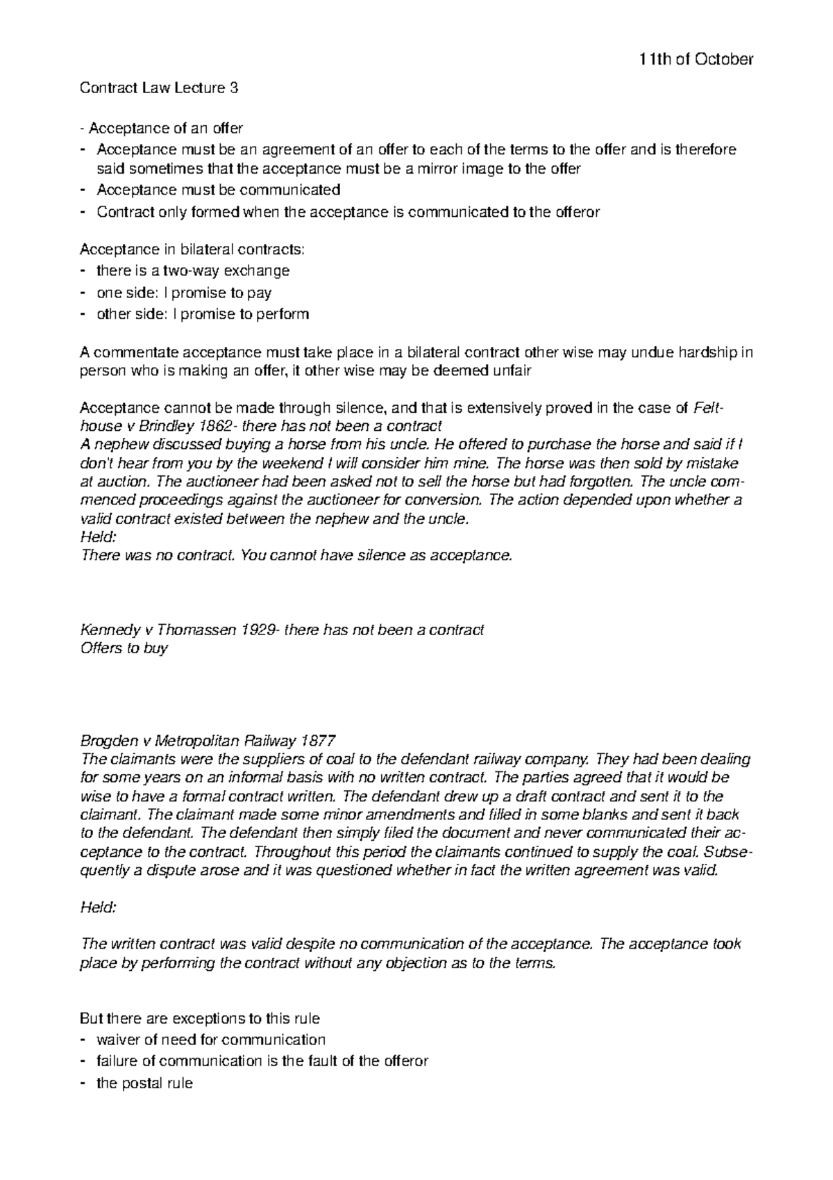 Contract law lecture 3 - Contract Law Lecture 3 Acceptance of an offer - Acceptance must be an ...