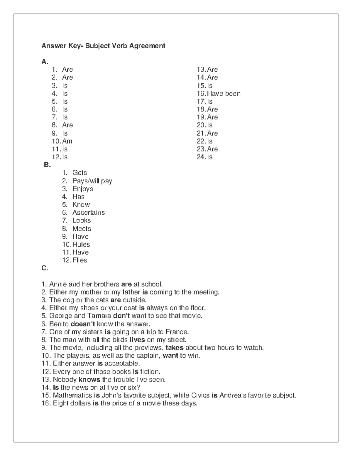 Answer Key- Subject Verb Agreement-converted - Answer Key- Subject Verb ...