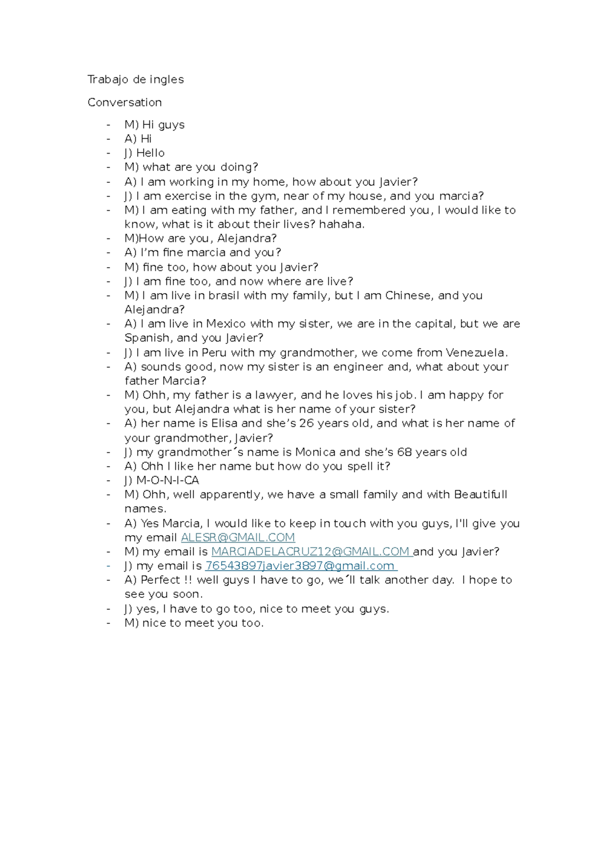 Conversacion ingles 3 er ciclo - Trabajo de ingles Conversation - M) Hi ...