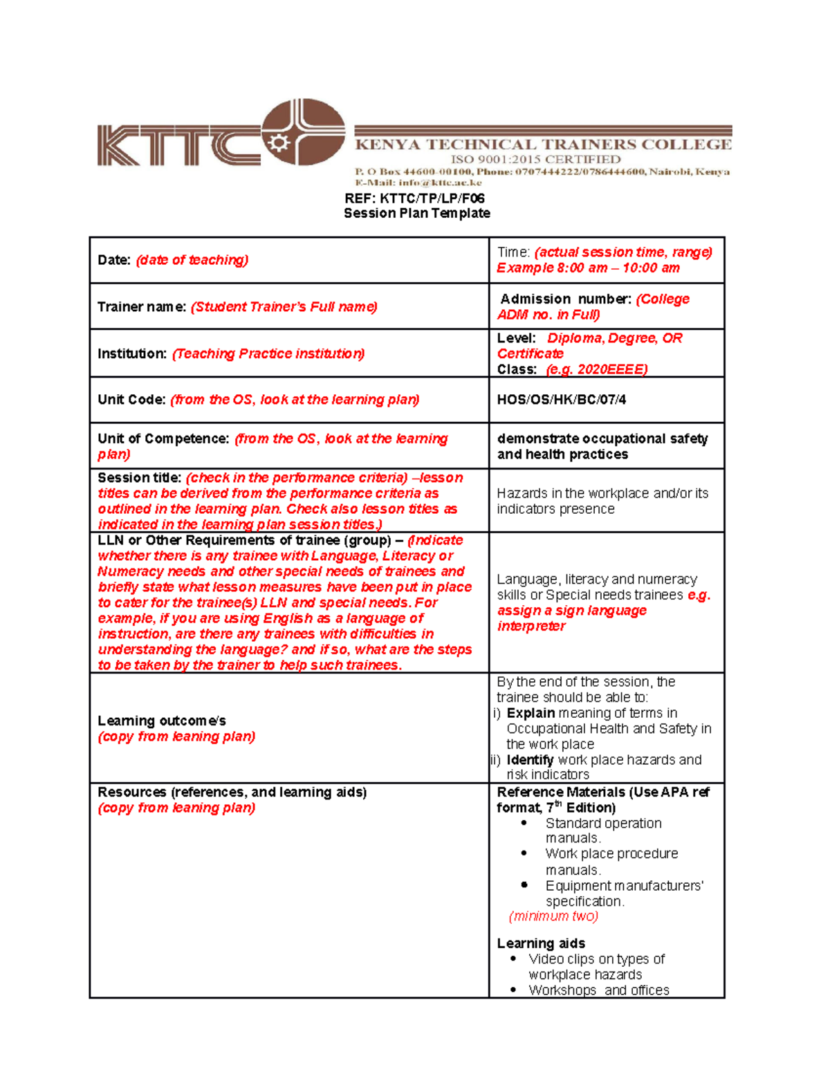 Harmonised Session Plan draft - REF: KTTC/TP/LP/F Session Plan Template ...