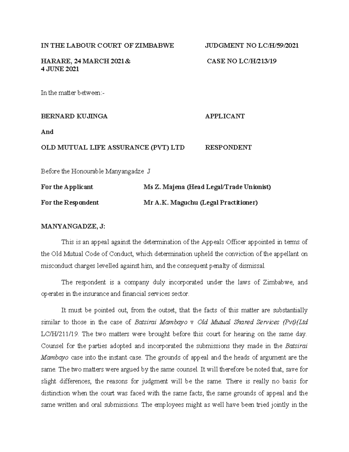 LC-H- 59-2021- Bernard Kujinga v OLD Mutual LIFE Assurance - IN THE ...