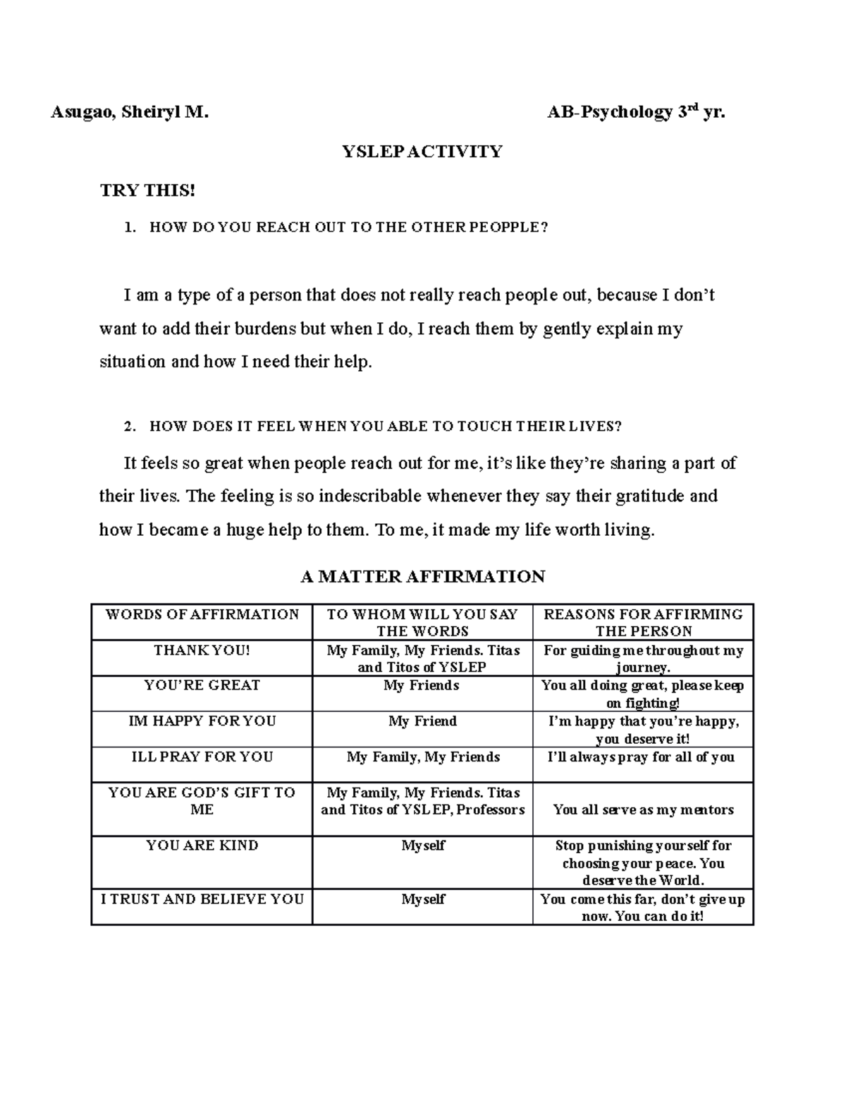 January Yslepactivity - Asugao, Sheiryl M. AB-Psychology 3rd yr. YSLEP ...