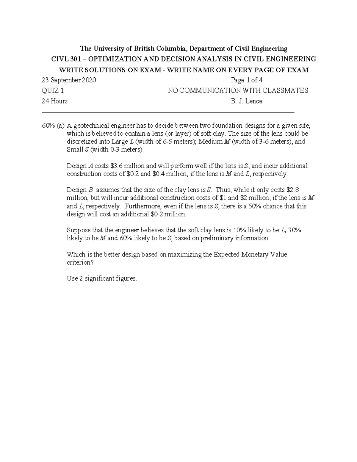 Example QUIZ 1 From 2020 - CIVL 301 – OPTIMIZATION AND DECISION ...