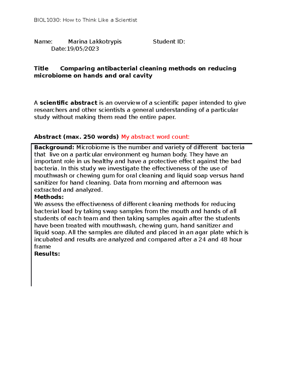 BIOL1030 - My Science Report 2 Template - Name: Marina Lakkotrypis ...