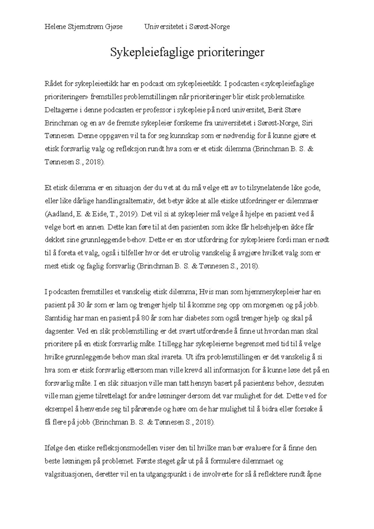 Sykepleiefaglige prioriteringer, erstatningsoppgave - Helene ...