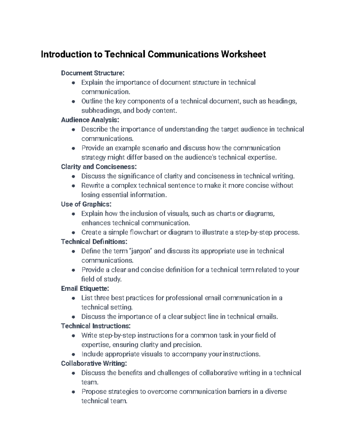 Introduction to Technical Communications Worksheet - Outline the key components of a technical ...