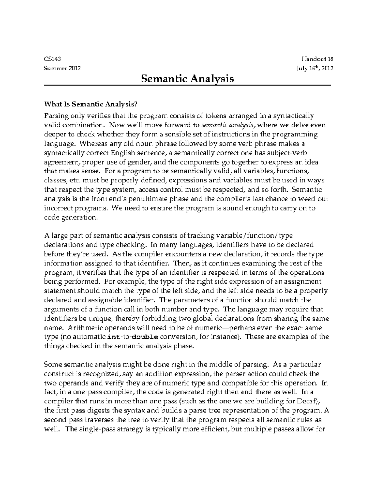 Compiler Design Semantic Analysis Cs143 Handout 18 Summer 2012 July 16th 2012 Semantic