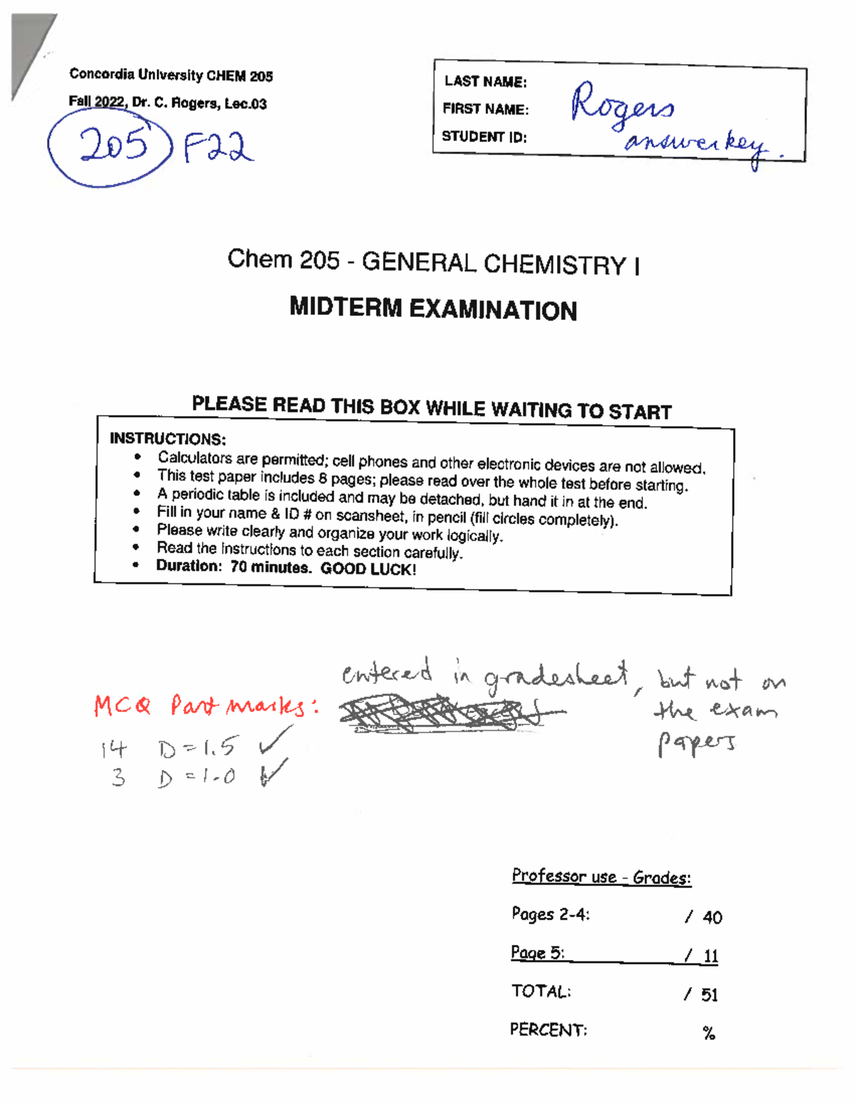 Chem205-03-F22-MT solutions - CHEM 205 - D = - Studocu