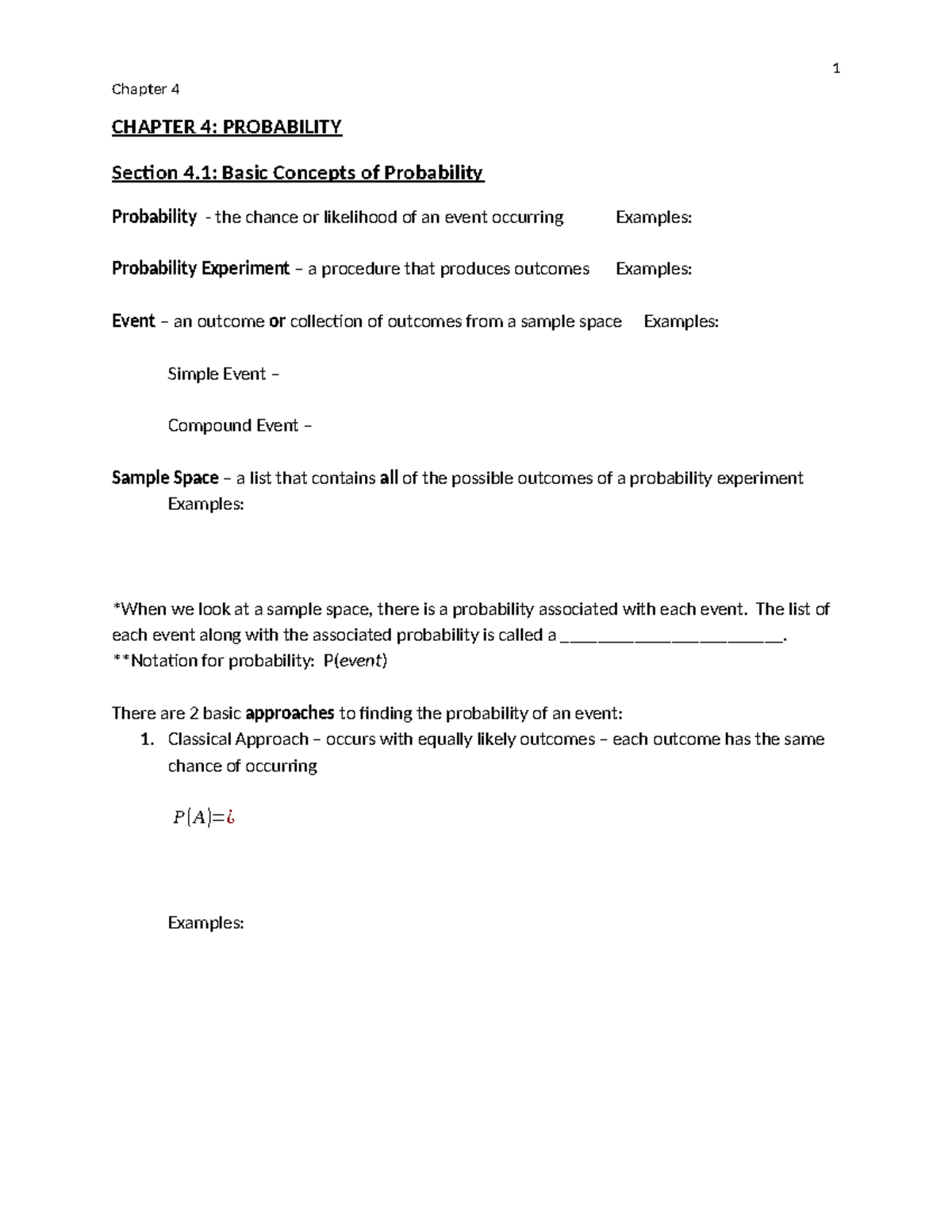 Chapter 4 Notes without 4 - 1 Chapter 4 CHAPTER 4: PROBABILITY Section ...