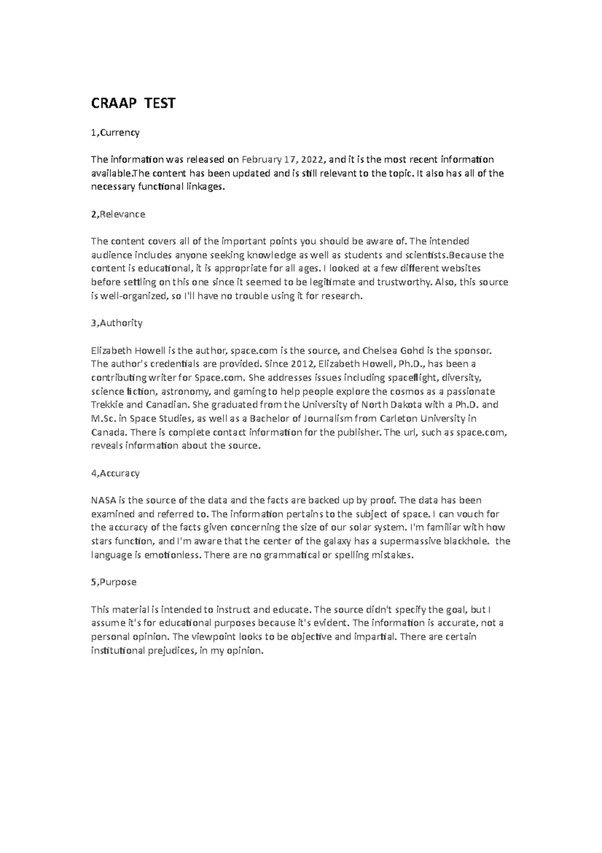 Craap TEST for academic writing research - CHEM 103 - UW-Superior - Studocu