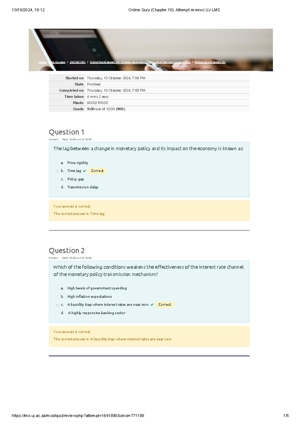 Online Quiz (Chapter 10) Attempt review UJ LMS - Home / My Courses ...