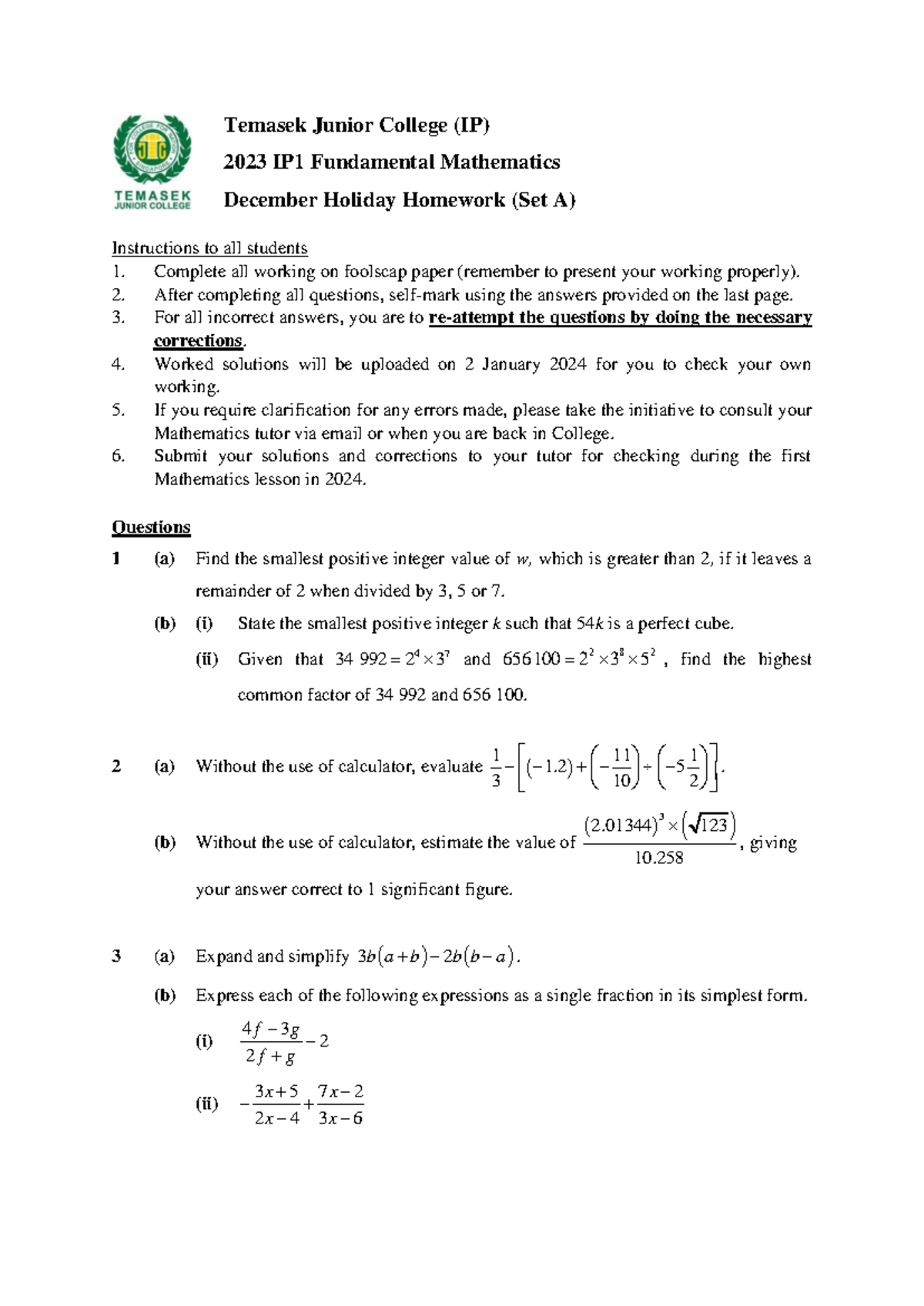 2023 IP1 EOY Holiday HW Set A (Questions) updated 9 Jan 2024 - Temasek ...