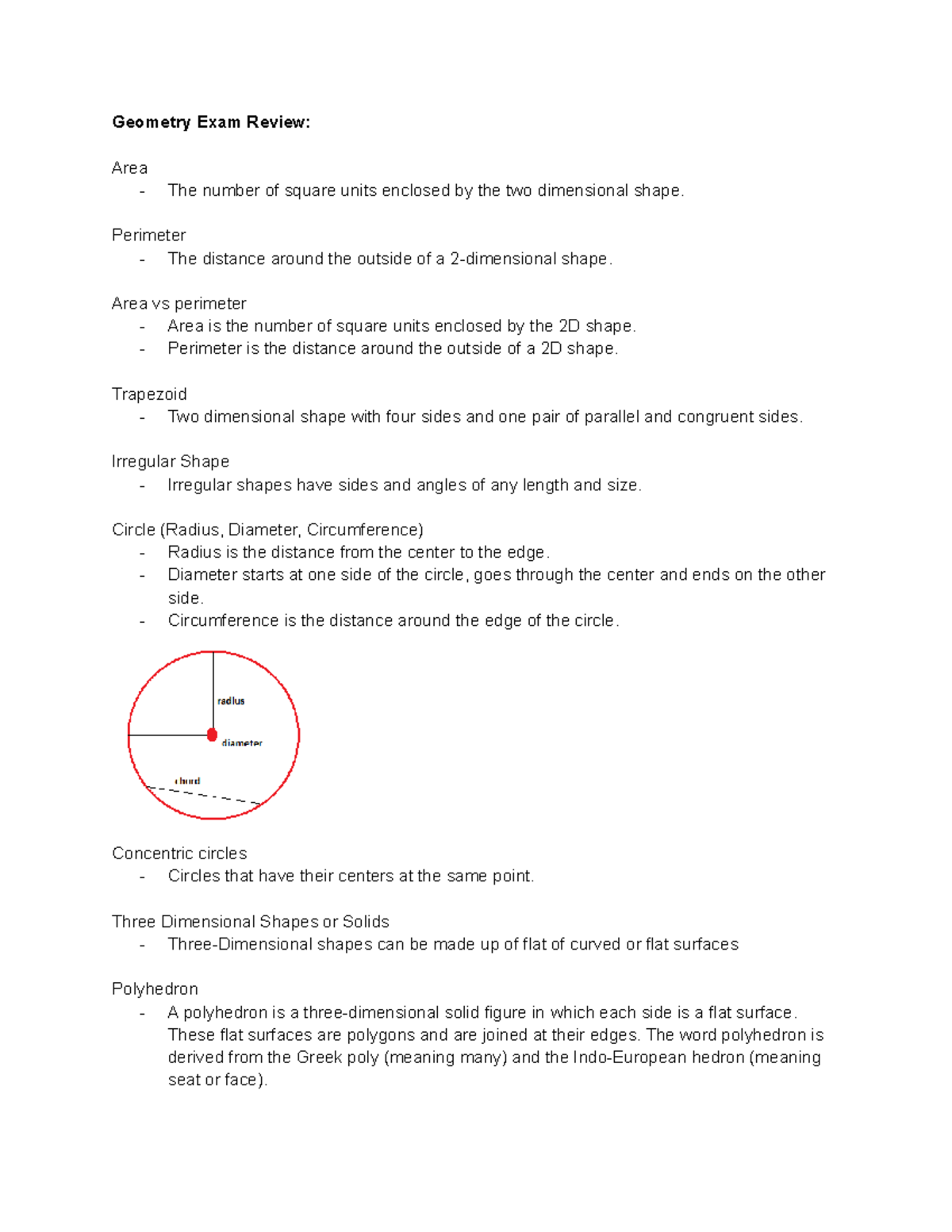 Geometry Terms Notes - Geometry Exam Review: Area - The number of ...