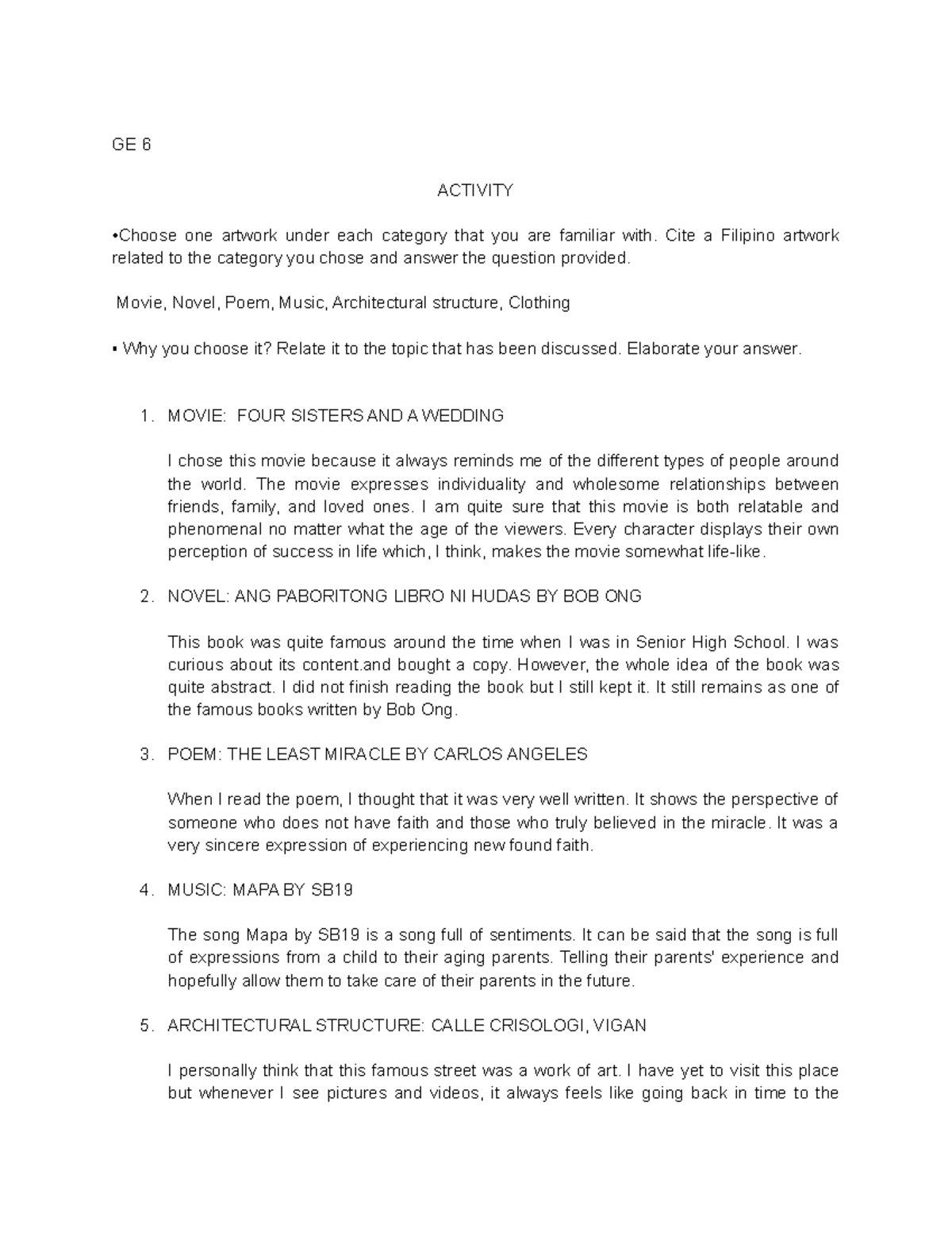 Activity 1- GE 6 - GE 6 ACTIVITY •Choose one artwork under each ...