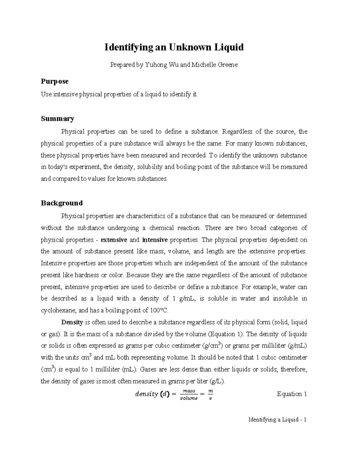 ID Liquid Lab 2 - Fall 2021 - Identifying an Unknown Liquid Prepared by ...