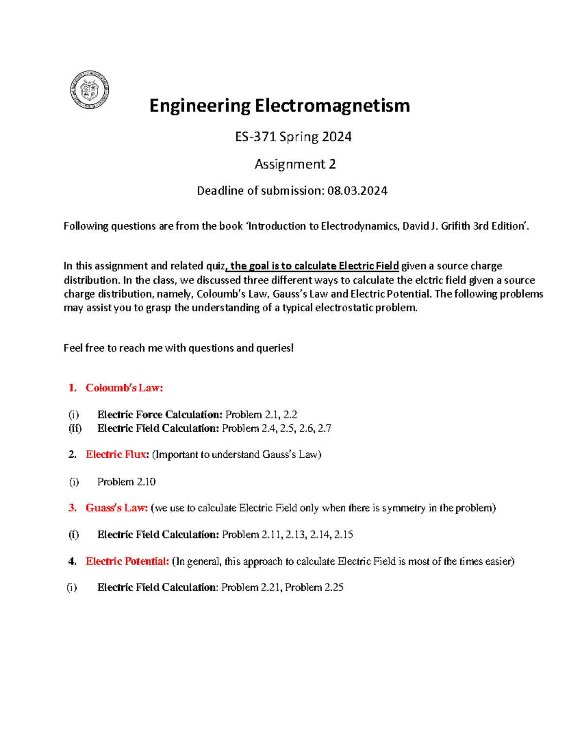 Assignment 2 - Engineering Electromagnetism ES- 371 Spring 2024 Assignment 2 Deadline of ...