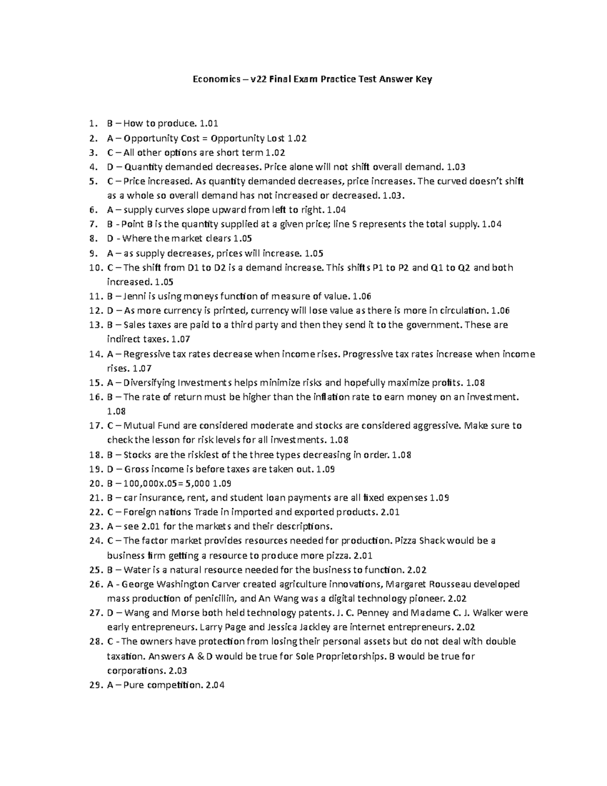 FLVS Economic Final Exam Practice Test Answer Key V22 Economics