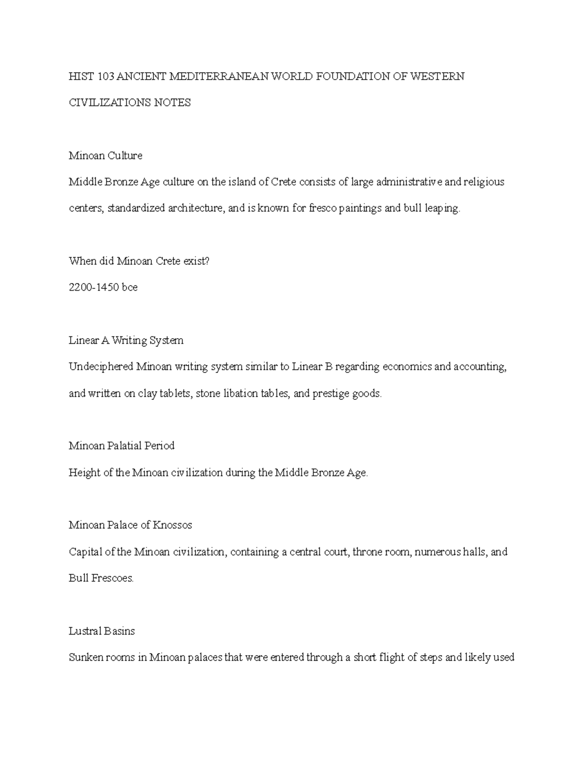 HIST 103 Ancient Mediterranean World Foundation OF Western ...